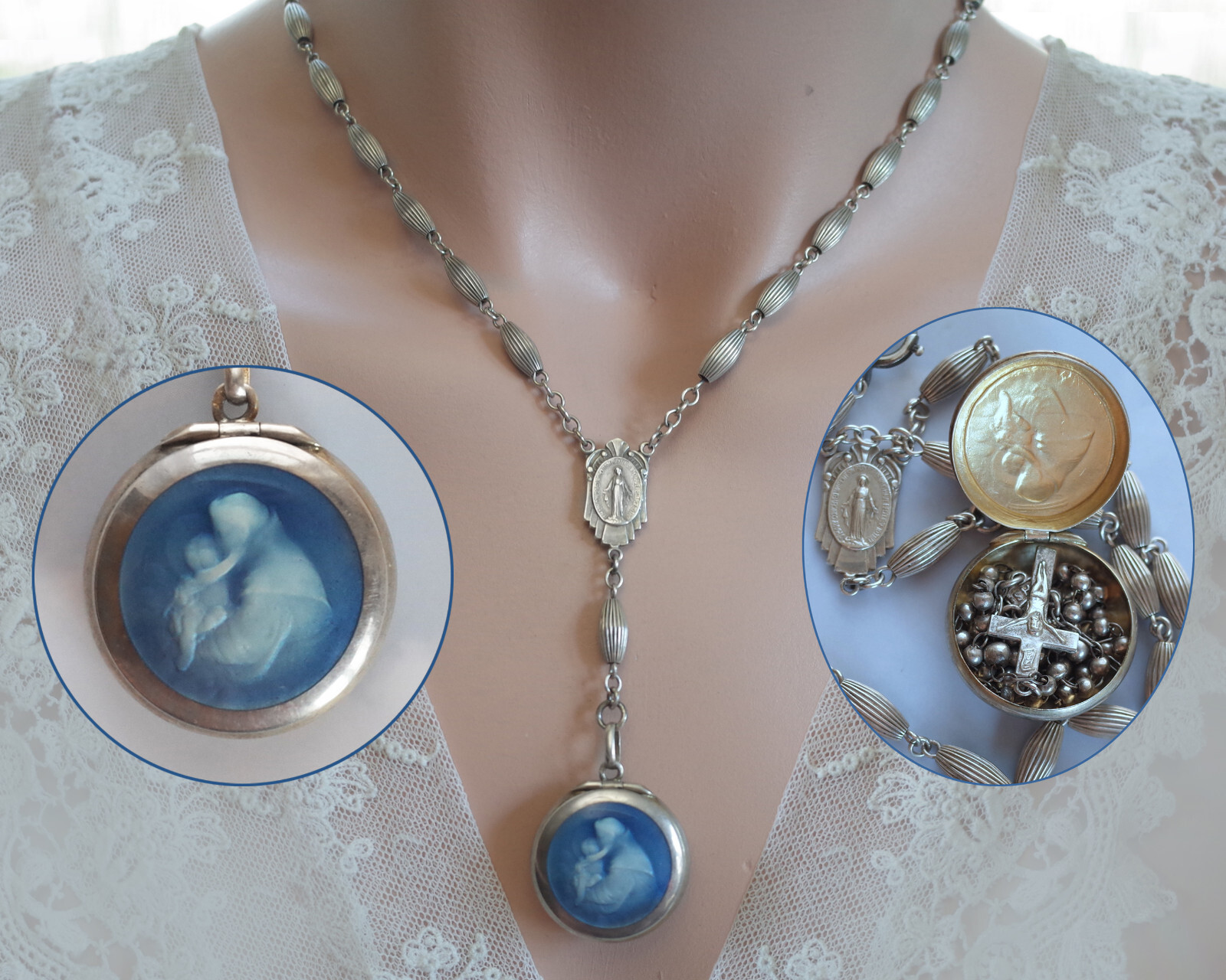 Antique Sterling Silver Enamel Locket Necklace - Mini… - Gem