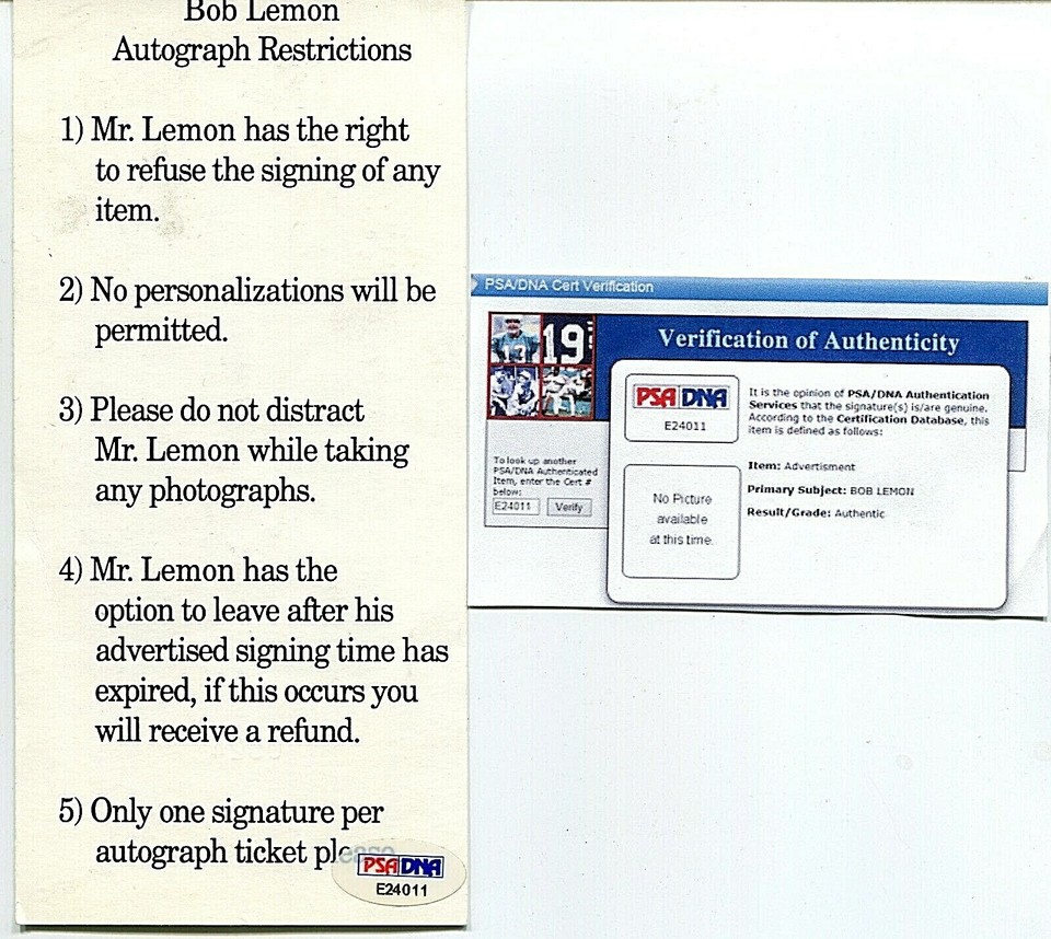 Bob Lemon SIGNED AUTHENTIC PHOTO AUTOGRAPHED PSA/DNA AUTO Advertisement ...
