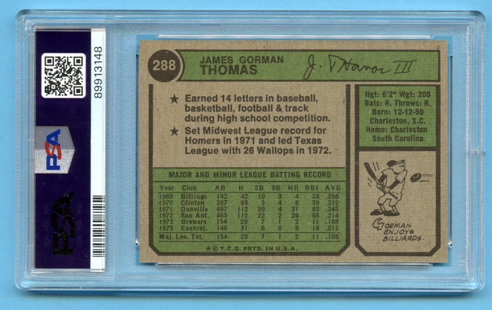 1974 Topps Baseball GORMAN THOMAS ROOKIE #288 Card ***PSA 7 NM*** (50 ...