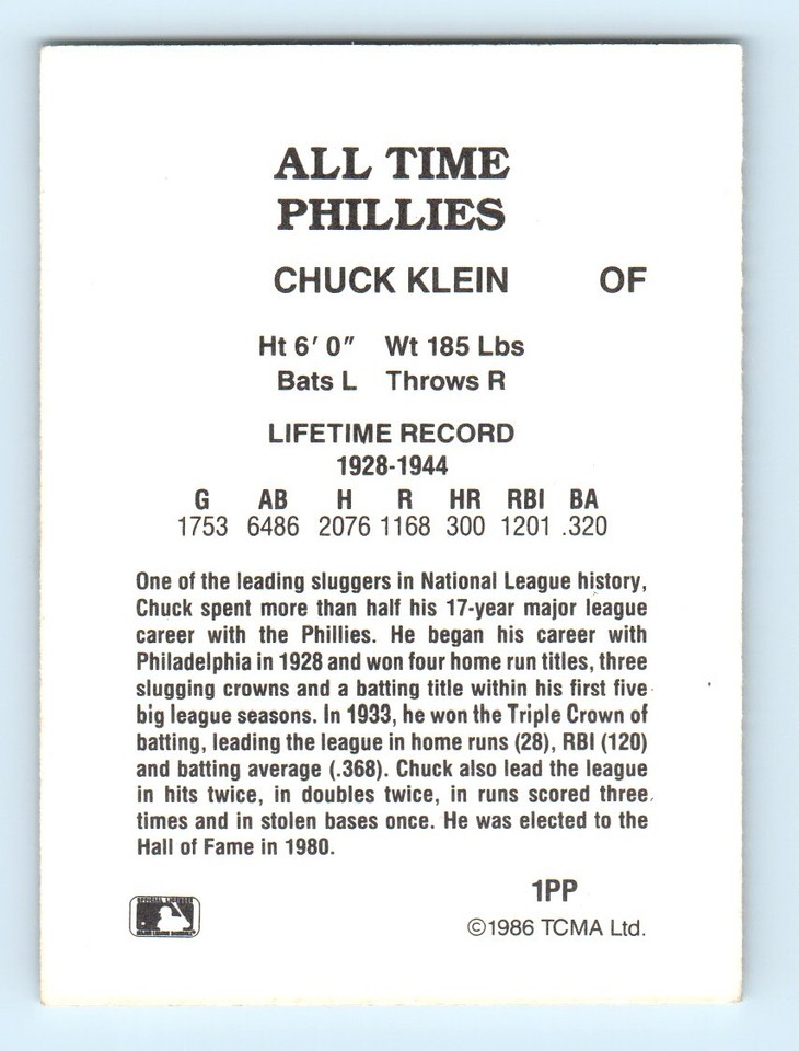 1986 TCMA All-Time Philadelphia Phillies Color Border Chuck Klein ...