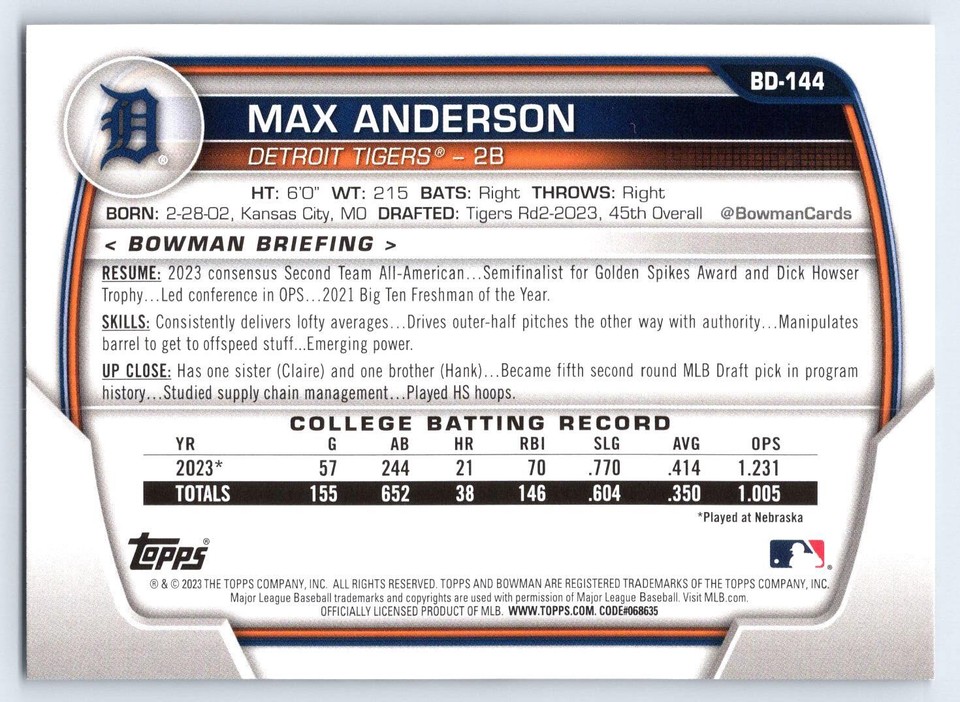 2023 1st Bowman Draft #BD-144 Max Anderson Detroit Tigers Baseball Card ...