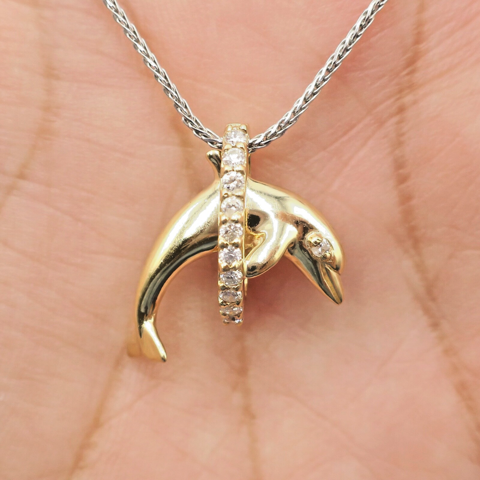 WYLAND 14k Solid Yellow Gold Diamond Dolphin Pendant Jumping Thru Ring ...