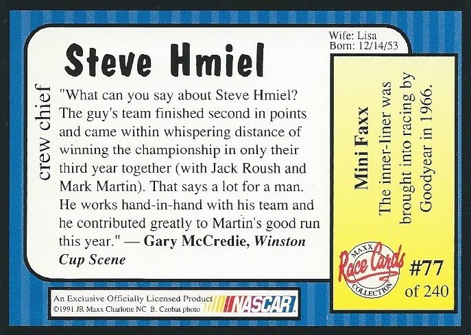 STEVE HMIEL AUTOGRAPHED SIGNED 1991 MAXX RACING NASCAR PHOTO TRADING ...