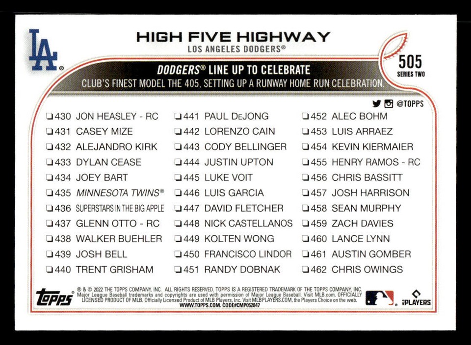 2022 Topps #505 High Five Highway Card Los Angeles Dodgers | eBay