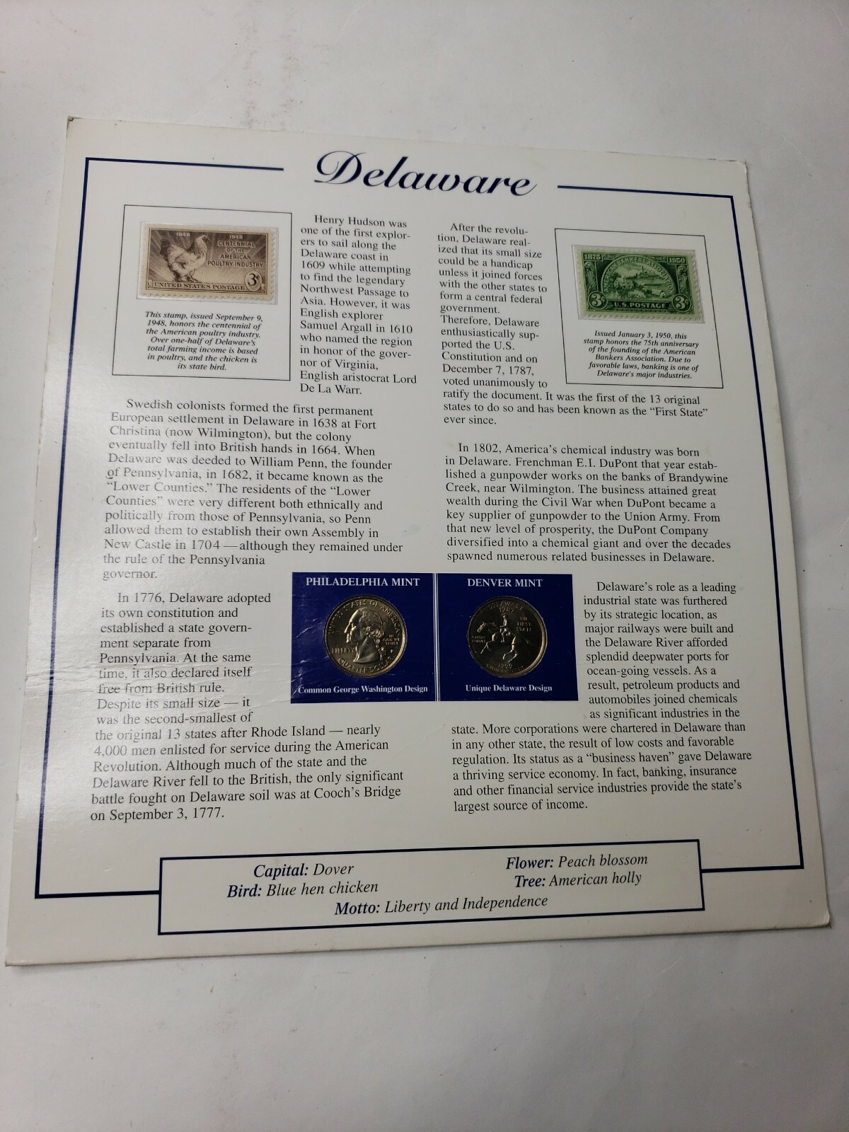 Delaware The First State 1787 Statehood Quarters and Stamps collectors ...