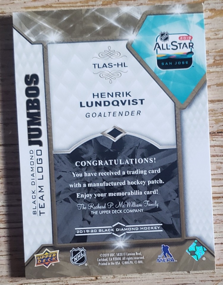 2019-20 UD Black Diamond Team Logo Jumbo Patch Henrik Lundqvist TLAS-HL ...
