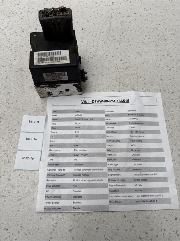 05 06 07 Dodge Dakota Durango ABS Pump Anti Lock Brake Module 2005-2007 ...