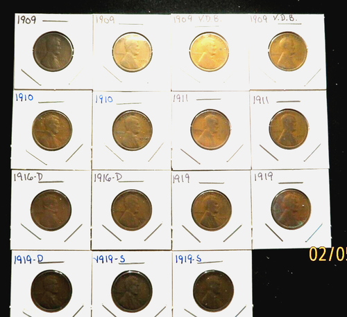 Fifteen(15) 1909-1919 Set of Lincoln Head Wheat Pennies V1 Bronze Set 1 ...