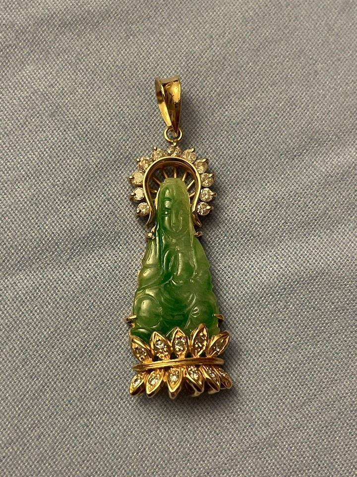 18k Quan Yin Buddha Green jade and diamond pendant | eBay