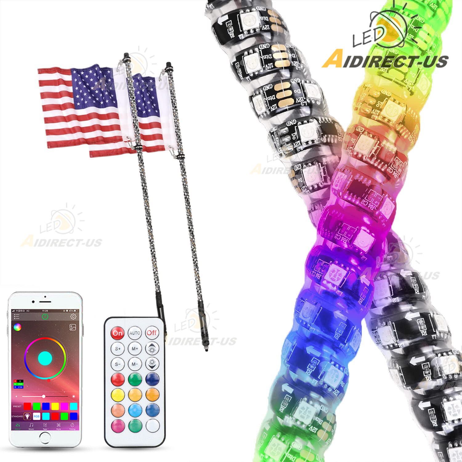 Pair 3ft RGB Spiral LED Whip Lights Antenna Chase + Flag & Bluetooth ...