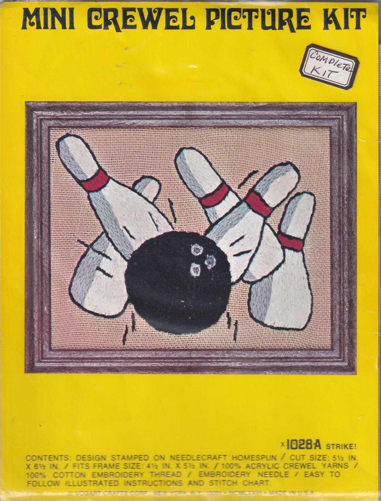 Vogart Crafts Vintage Crewel Kit Bowling Ball Pins Strike 5.5x6.5 ...