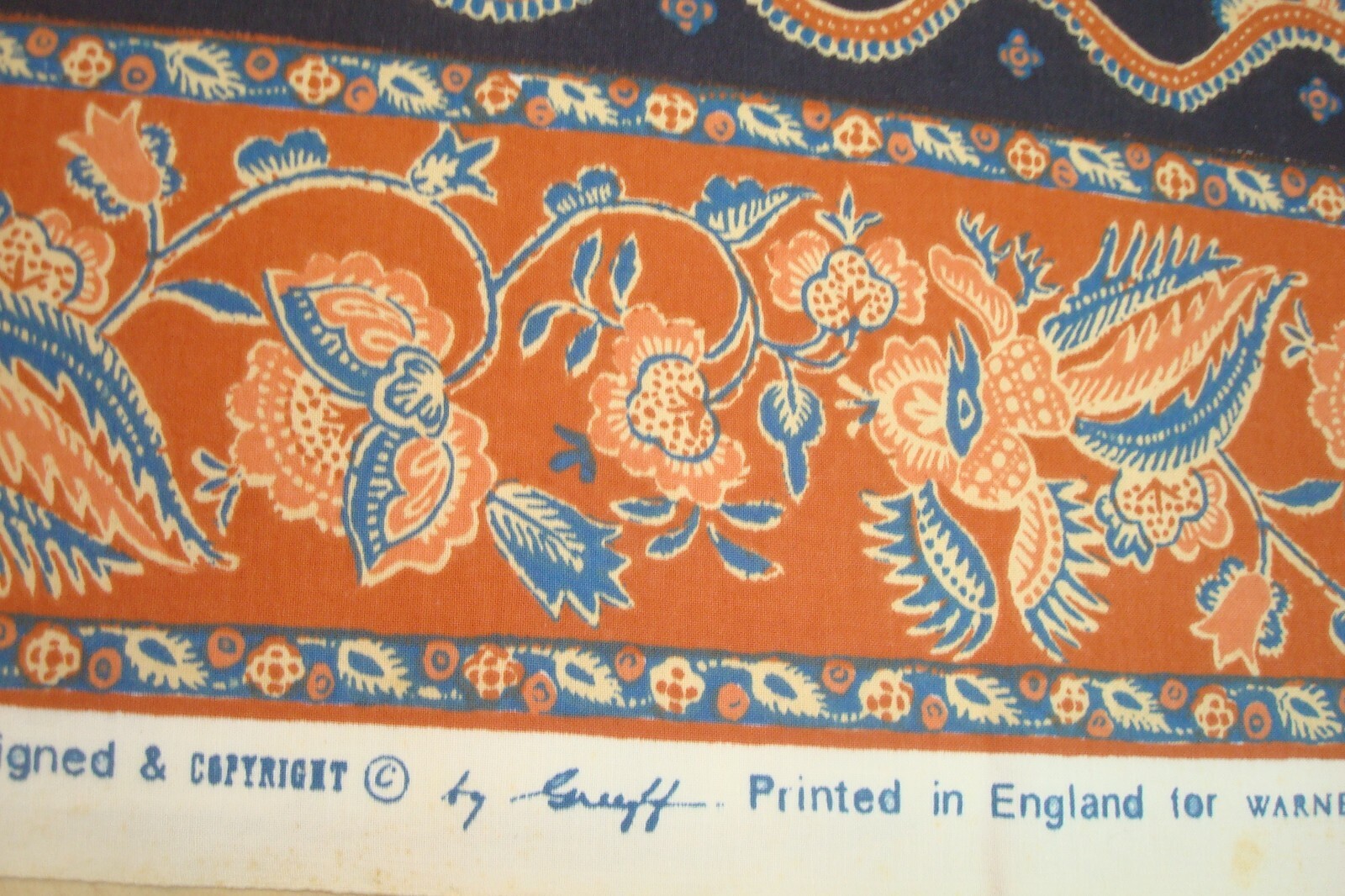 Vtg 2 pc GREEFF Fabric Malacca Jacobean Bird Stripe Navy orange 26" x ...