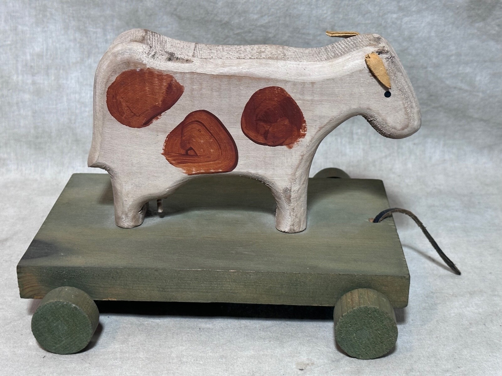 Vintage Antique Wood Wooden Cow Pull Toy Folk Art Americana Leather ...