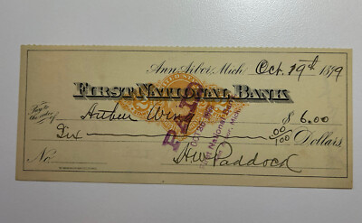 RN-X7 - First National Bank - Bank Check - Ann Arbor MI - 1899 | eBay