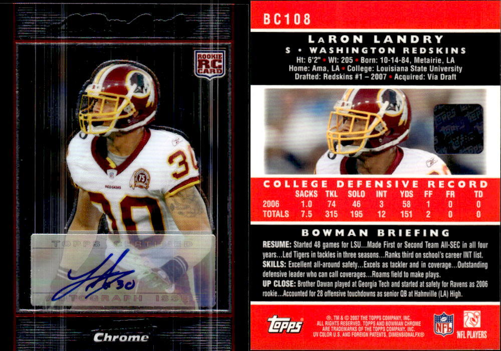 2007 Bowman Chrome Rookie Autographs #BC108 LaRon Landry I Auto - NM-MT ...