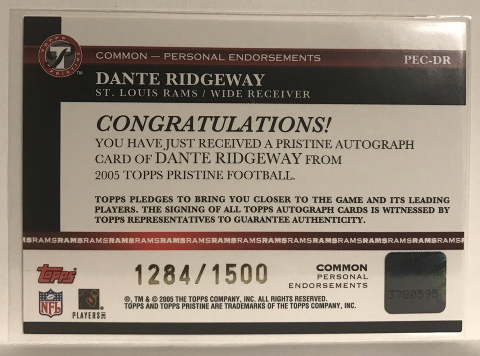Dante Ridgeway 2005 Topps Pristine Common Autograph #PEC-DR LA Rams ...