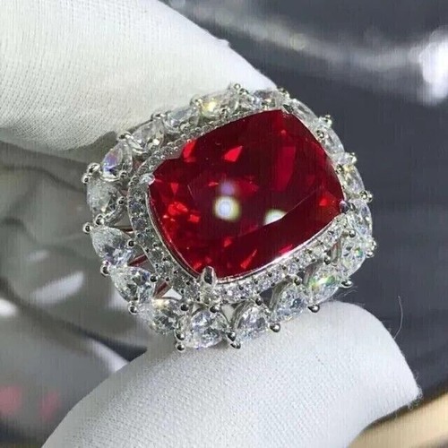 3Ct Cushion Cut Lab-Created Halo Red Ruby Engagement Ring 14k White ...