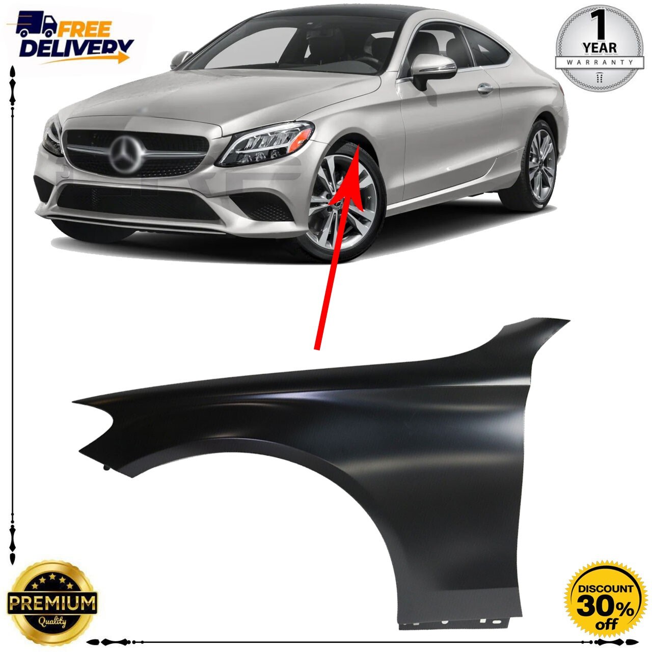 Fender For 2015-2022 Mercedes Benz C300 Sedan Coupe Convertible Primed ...