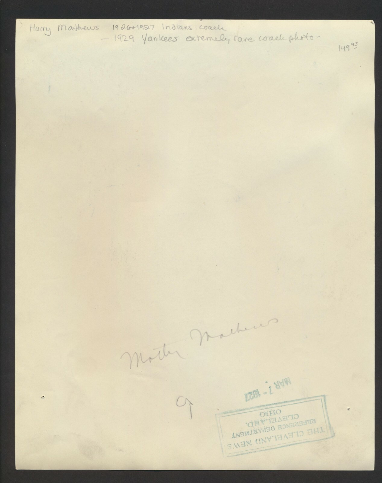 1926-1927 Harry Mathews Cleveland Indians-Rare Vintage Baseball Photo ...