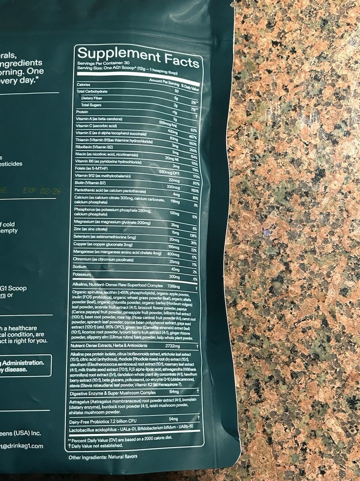 AG1 Daily Foundational Nutrition Supplement.30 day Supply.Net Wt.360 g ...