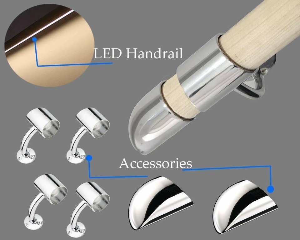 LED Handrail Kit Lighting Mopstick Rail Banister Chrome end caps ...