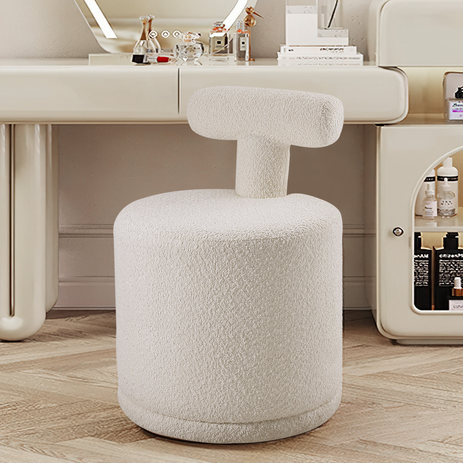 Teddy Fleece Round Stool Padded Pouffe Seat Makeup Vanity Dressing ...