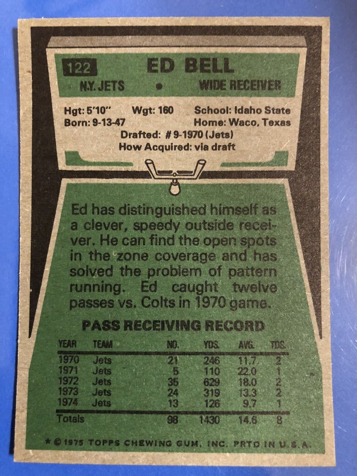 1975 Topps Football #122 Ed Bell New York Jets | eBay