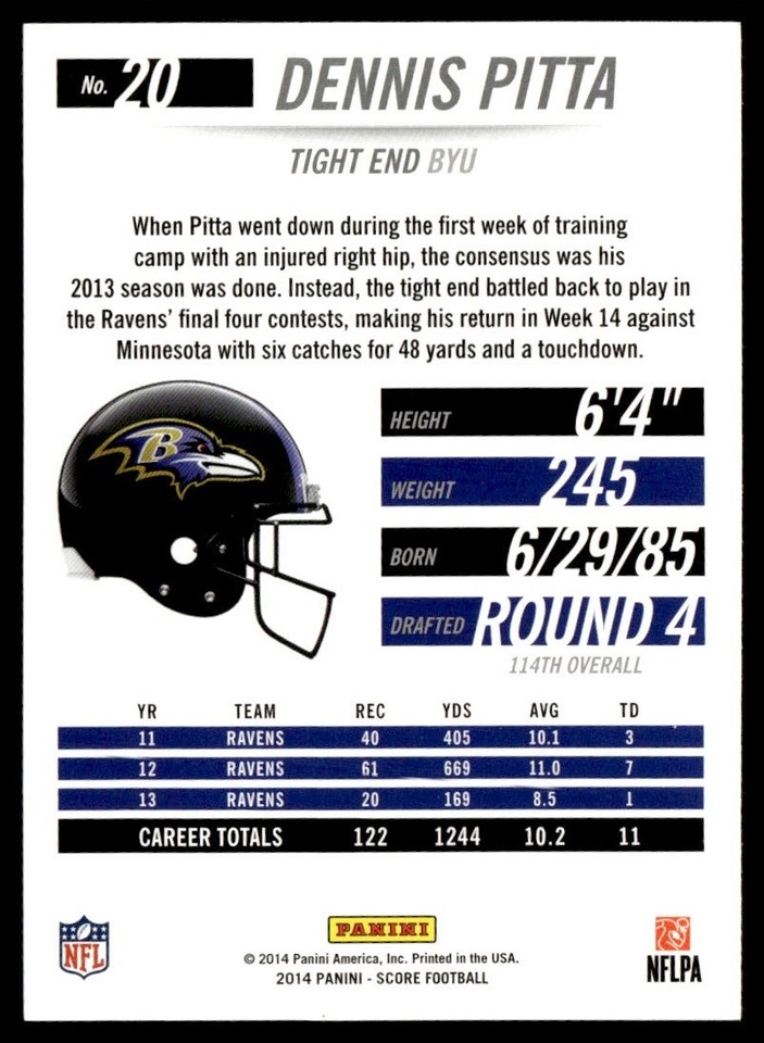 2014 Score Dennis Pitta Baltimore Ravens #20 | eBay