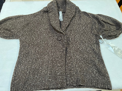Mottled Brown Single Button Front Short Puff Sleeve Sweater Cardigan ...