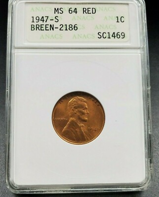 1947 S Lincoln Wheat Cent Penny RPM MS64 Red ANACS Breen-2186 Sans ...