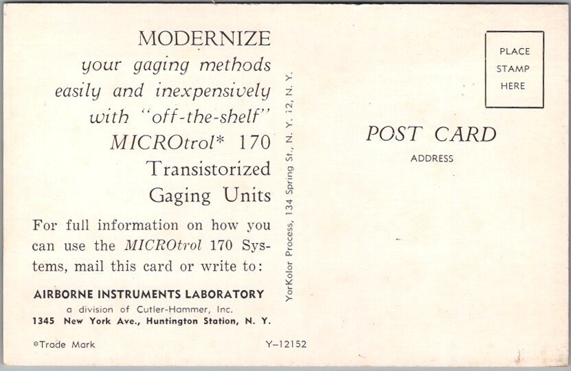 1950s Advertising Postcard AIRBORNE INSTRUMENTS LAB "MICROtrol 170 ...