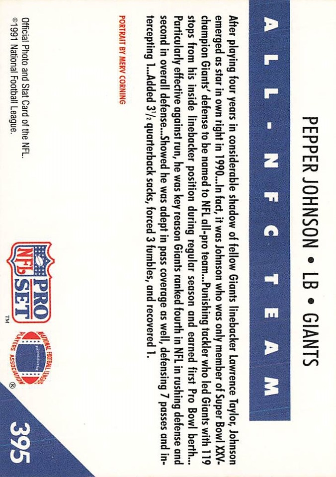 1991 Pro Set #395 Pepper Johnson New York Giants | eBay