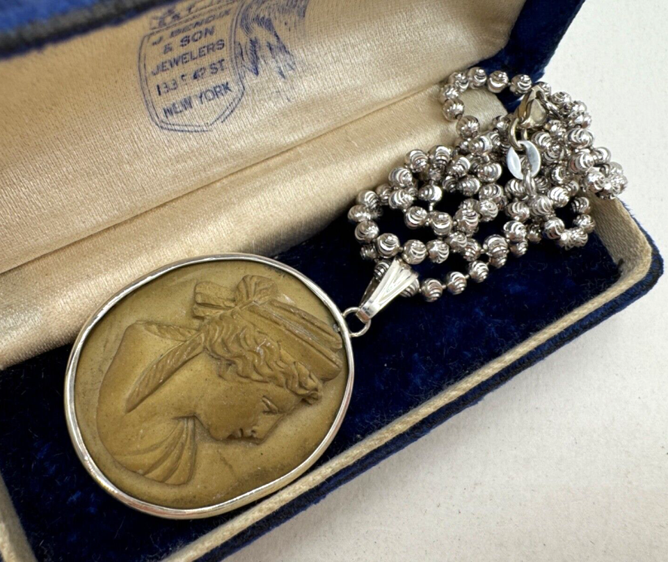 ROMAN ANTIQUE CARVED LAVA LADY CAMEO STERLING SLVR CHAIN PENDANT ...