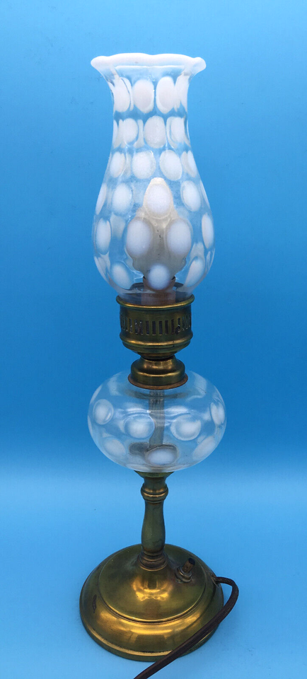 Vintage Fenton White Coin Dot Glass Shade Brass Table 14" Lamp | eBay