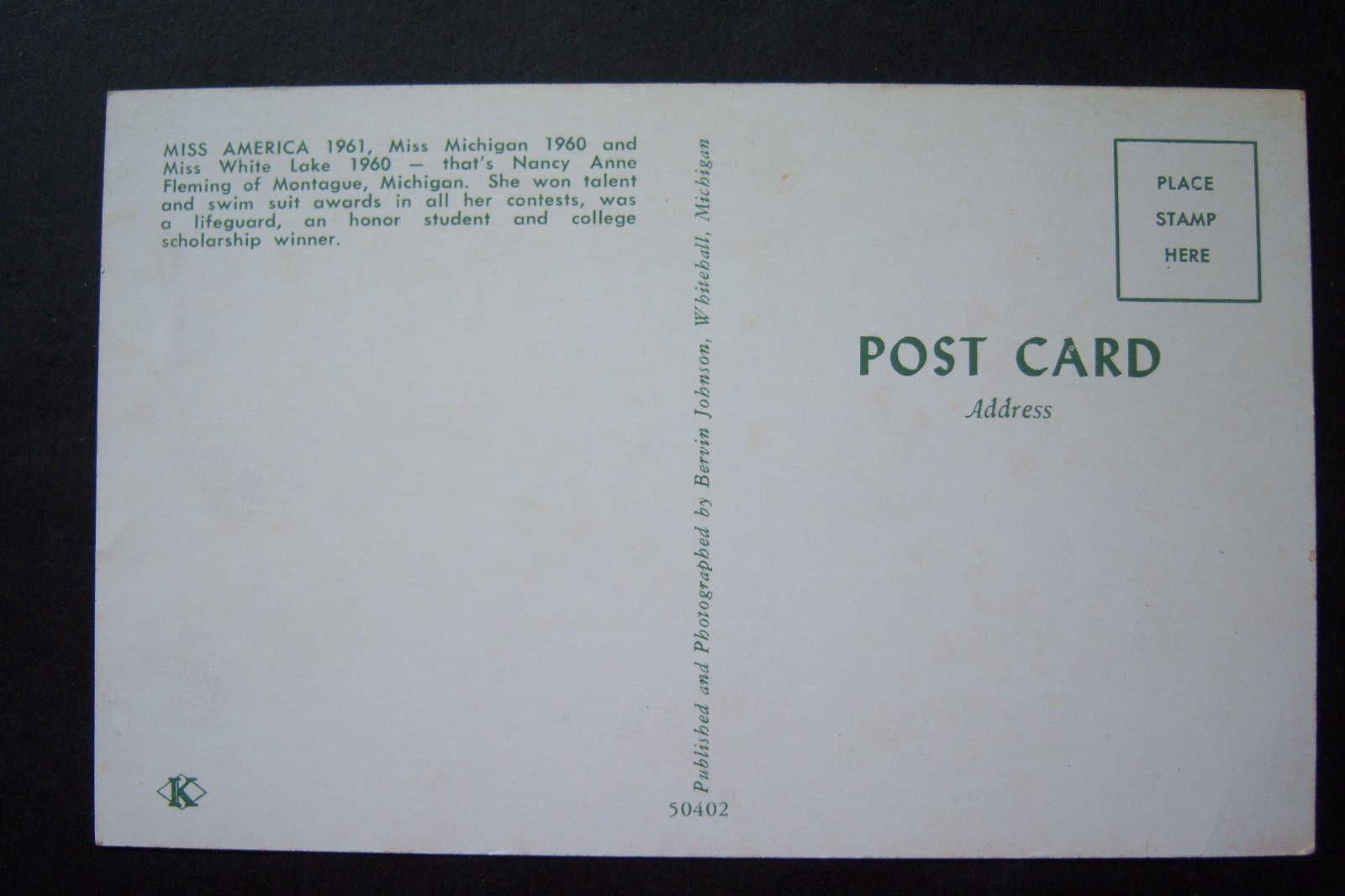 Miss America 1961 NANCY FLEMING Montague, Michigan postcard | eBay
