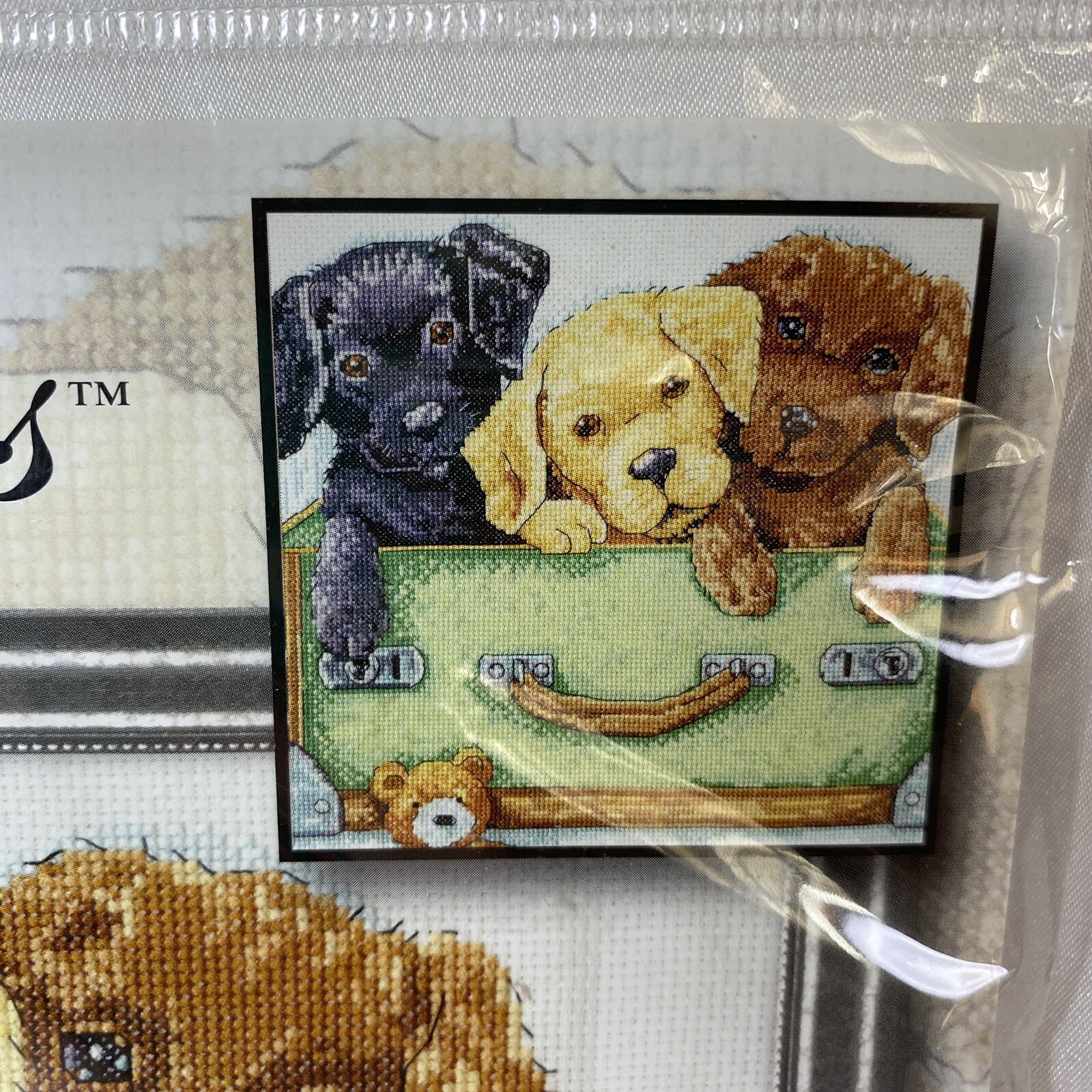 Design Works Cross Stitch Kit Suitcase of Labs Puppy Teddy Bear 12x12 ...