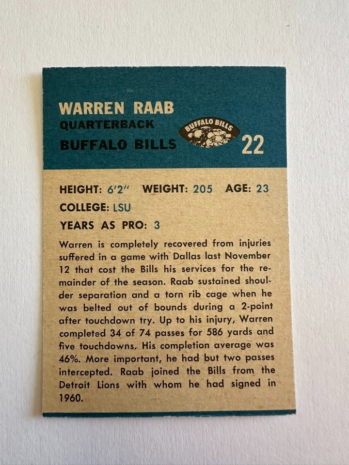 1962 Fleer Warren Raab Signed RC Rookie Card Auto Autograph NFL Buffalo ...