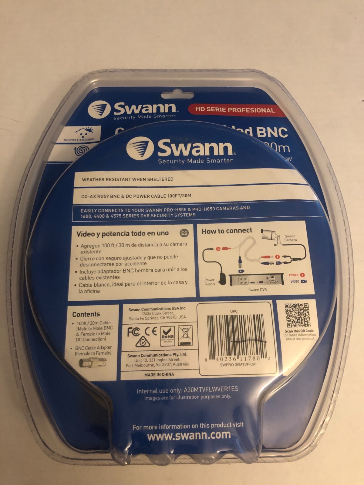 Swann Swpro-30ulcbl-gl HD Video and Power BNC Extension Cable 100 Feet ...