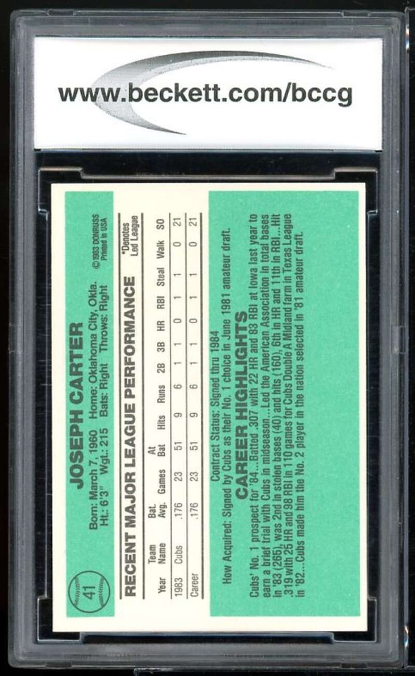 1984 Donruss #41 Joe Carter Rookie Card BGS BCCG 10 Mint+ | eBay