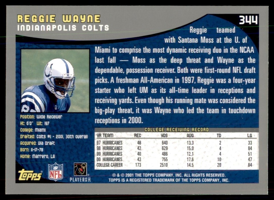 2001 Topps Reggie Wayne RC Indianapolis Colts #344 | eBay