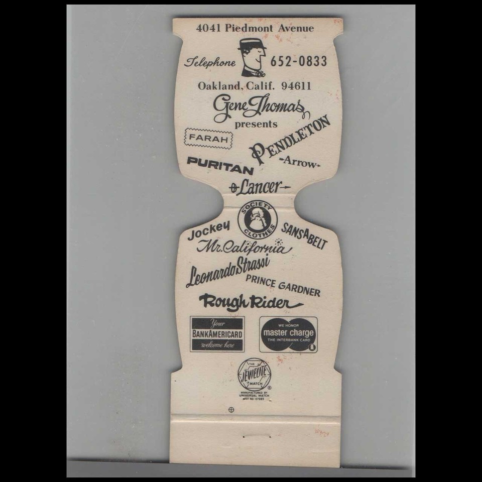 Matchbook Cover - Jewelite Gene Thomas Fine Men's Wear Oakland, CA | eBay