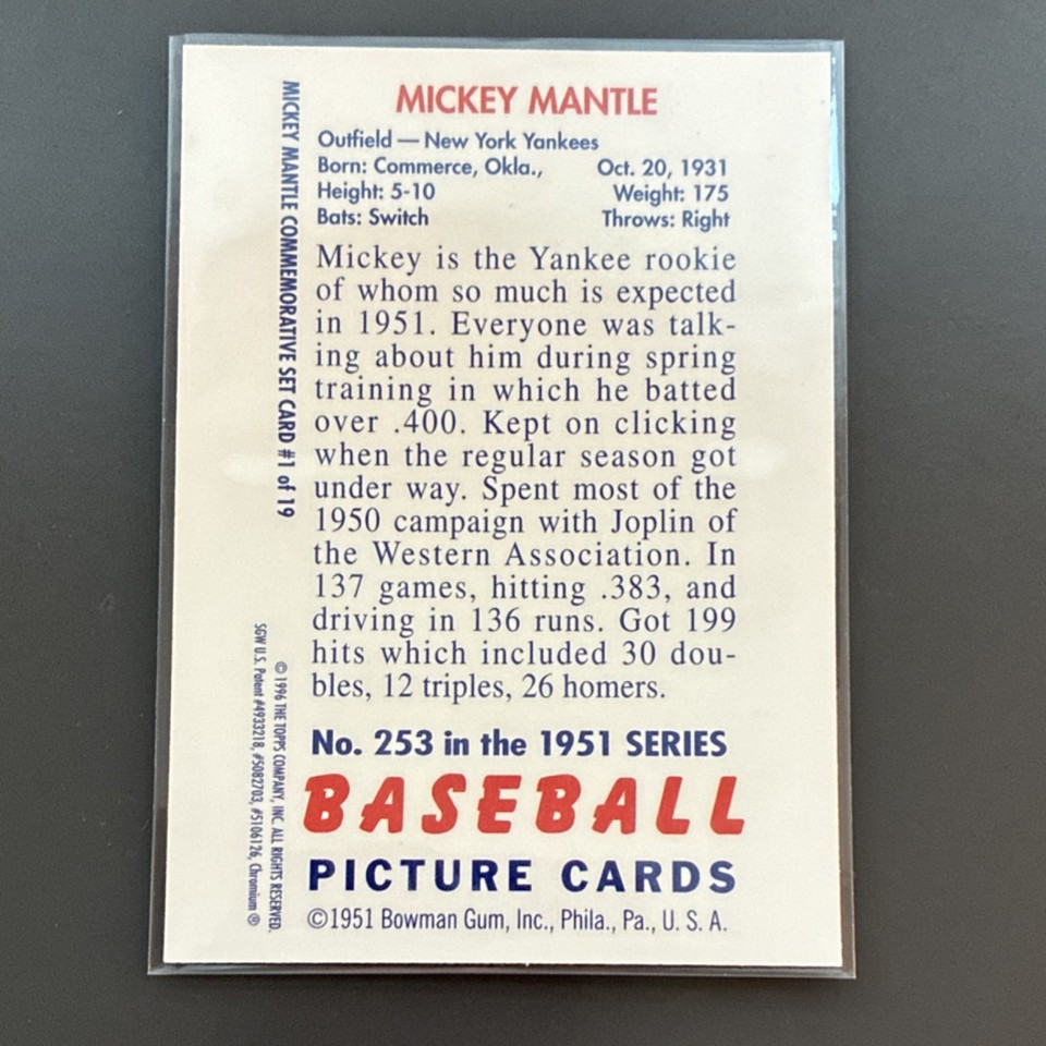 1996 Topps Mickey Mantle Commemorative Reprints Yankees #1 Major League ...