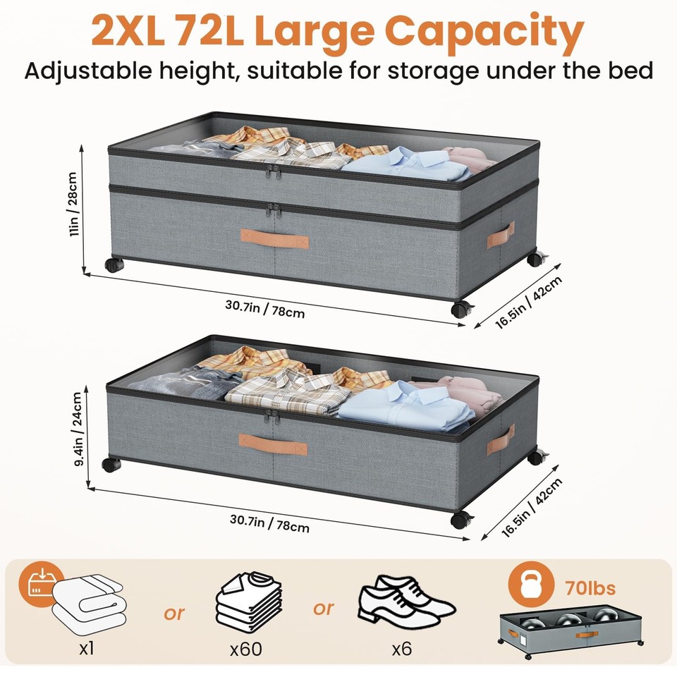 Under Bed Storage with Wheels, 72L XXL Under the Bed Storage Containers ...