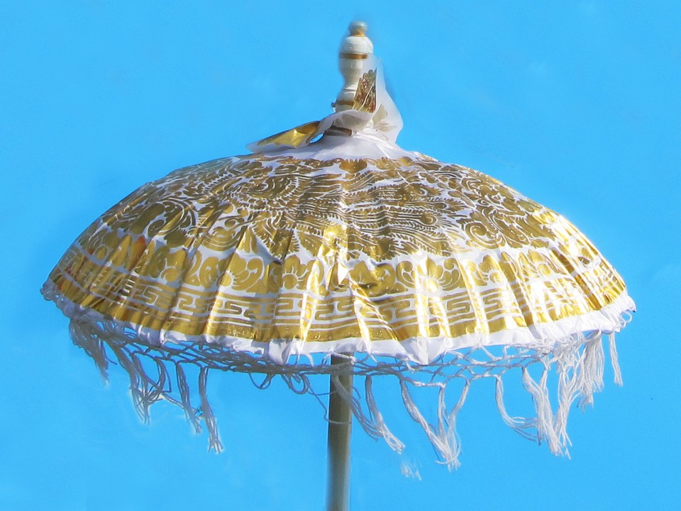 28" diameter colorful fringed fabric PARASOL, hand-made wood Balinese ...