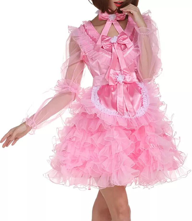 French maid Sissy girl lockable Pink Satin dress Cosplay Costume ...