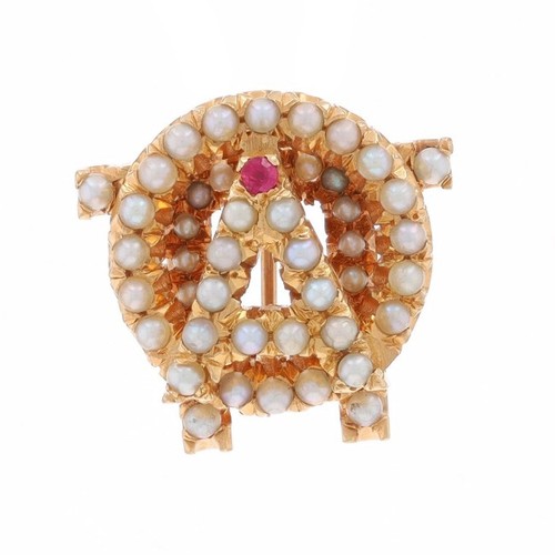 Yellow Gold Alpha Omicron Pi Badge - 14k Seed Pearl Ruby Sorority Pin ...