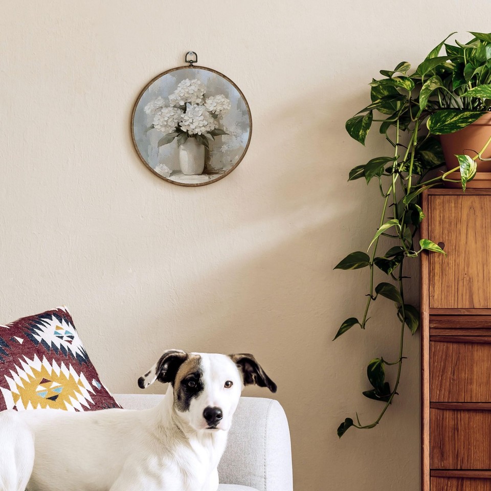 Vintage White Hydrangea Floral Round Wall Art Decor Framed 10x10 ...