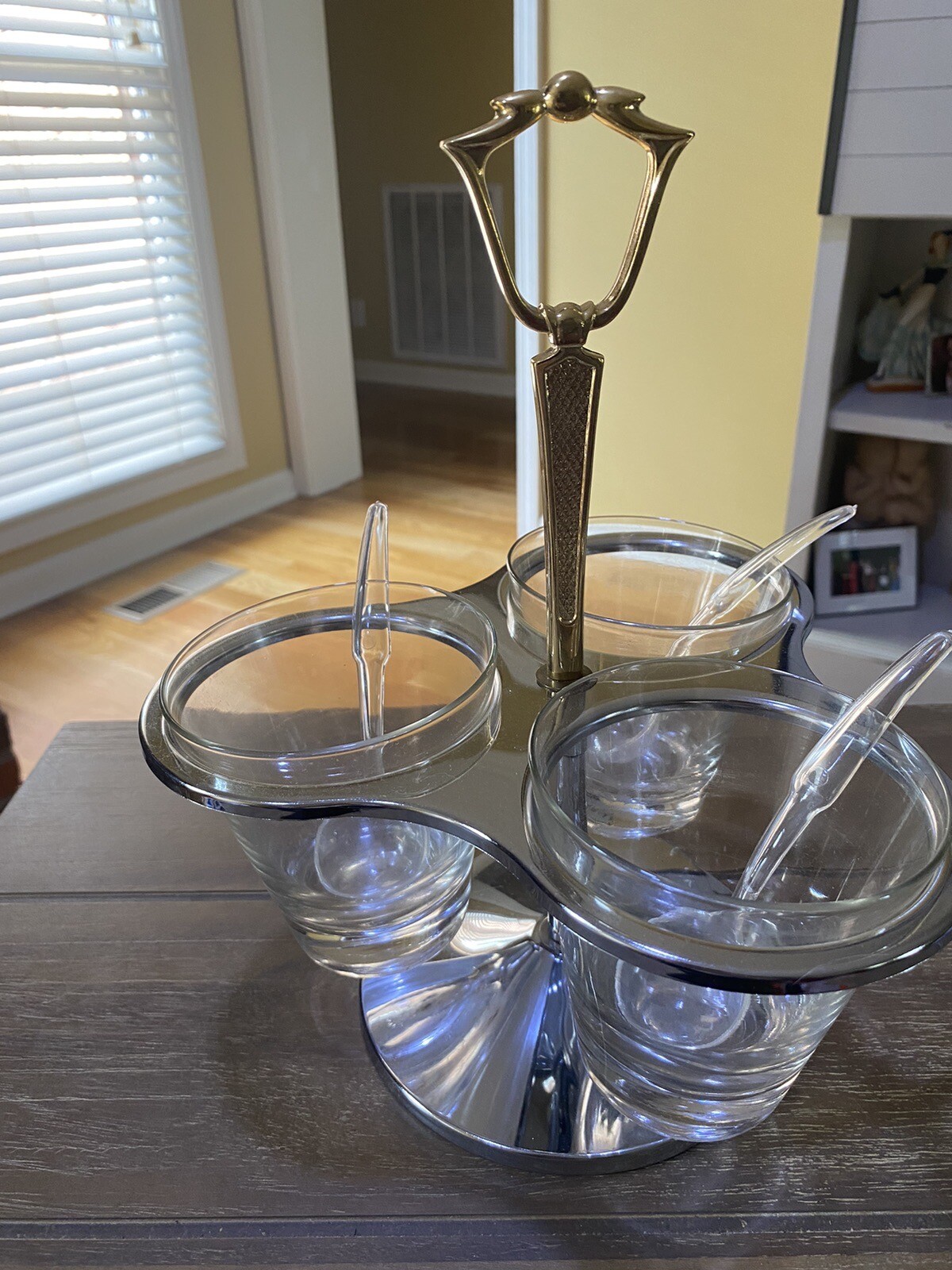 Kromex Carousel Server Condiment Caddy Spoons Chrome Brass Clear Glass ...