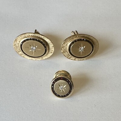 LUCIEN PICCARD - 14K YELLOW GOLD DIAMOND (.22Ct.) + GARNET CUFFLINKS ...
