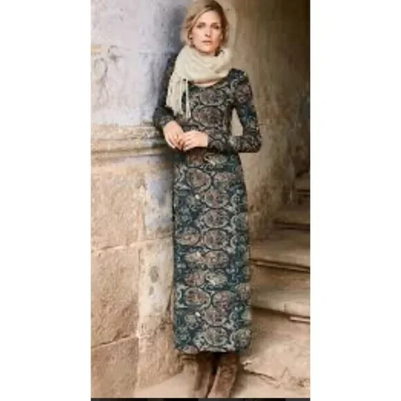NWT Peruvian Connection MING Dress Cotton Maxi Long Sleeve Dark Teal ...